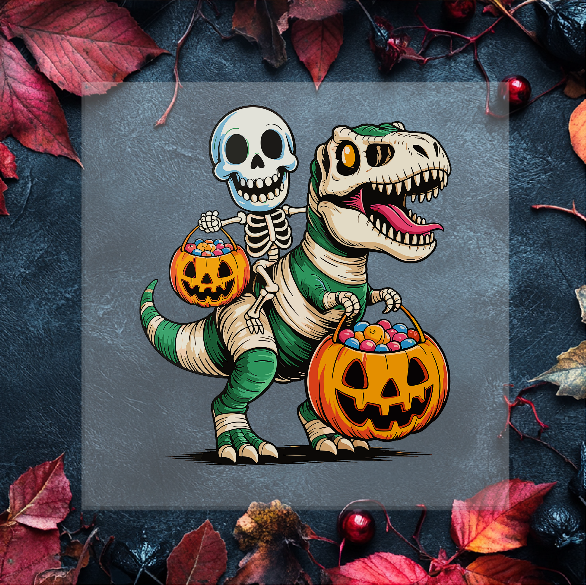 Mummy Riding T Rex Halloween DTF Transfer – On The Ball Transfers